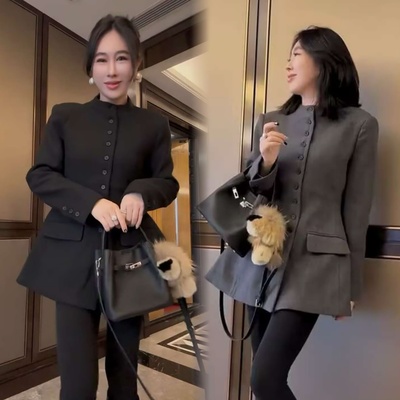 S蚂蚁腰收腰多扣毛呢西服外套女