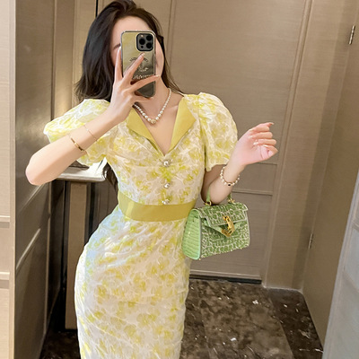 2026夏季新款小清新气质翻领印花收腰连衣裙法式泡泡袖长裙20579