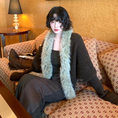 酒午复古大毛毛领加厚针织外套女