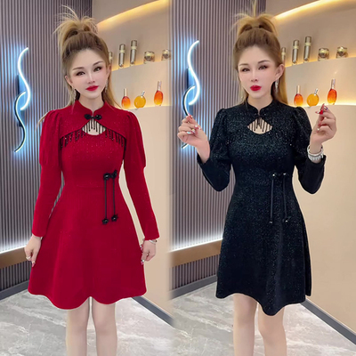 网红爆款新中式复古流苏连衣裙