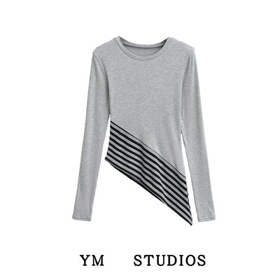 条纹拼接下摆不对称斜边长袖