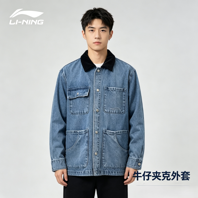 中国李宁2026秋季男子滑板简约宽松休闲水洗牛仔外套AJDU309
