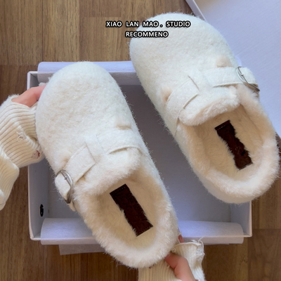 厚底加绒毛毛鞋日系JK圆头包头拖