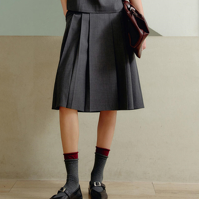 【佧】学院风灰色百褶半身裙女中长款A字裙高腰X03AQW2327