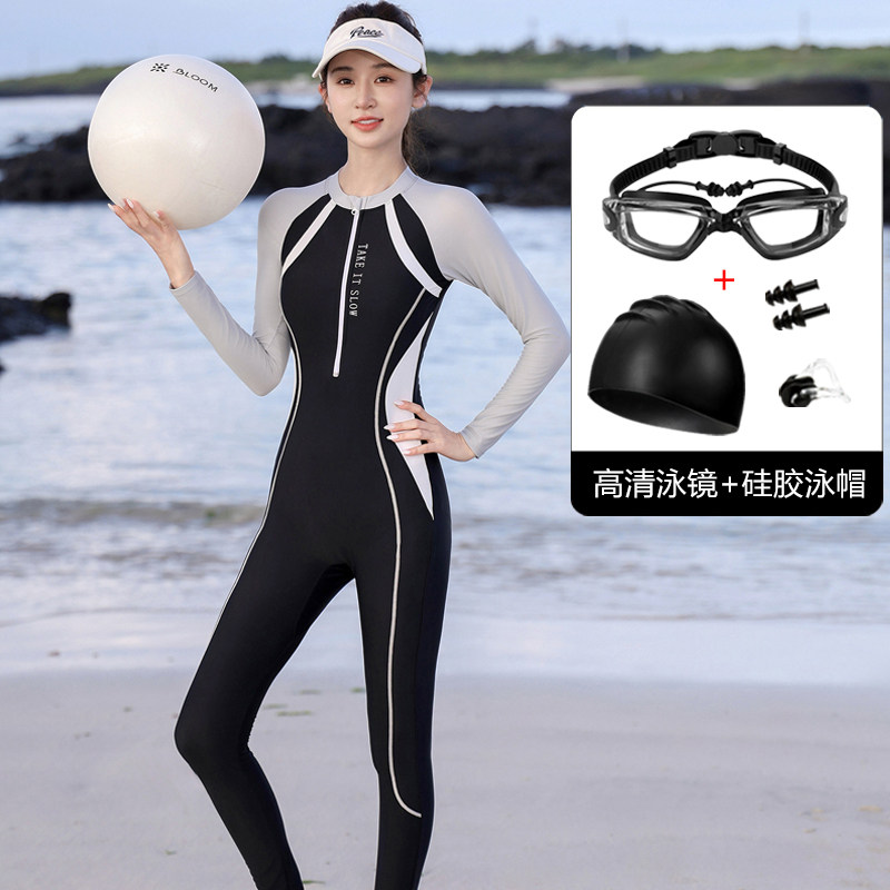 青少年泳衣女士长袖长裤水母衣保守防晒显瘦连体专业潜水服游泳衣