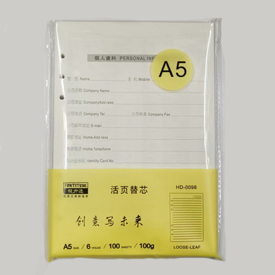 毅力达A5B5活页纸0098活页本内芯6孔9孔活页芯100克100张进口纸芯
