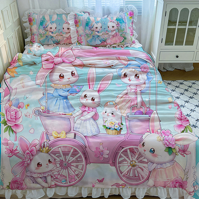 兔小姐郊游/萌趣卡通冰丝三四件套Lolia荷叶边床单床笠女学生床品