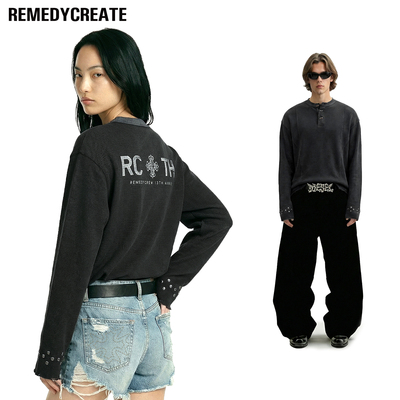 Remedy 亨利领铆钉做旧华夫格长袖T恤男女复古街头boxy版型体恤