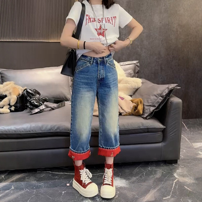 大码阔腿牛仔裤女春季2026新款胖mm显瘦宽松八分直筒超火欧货裤子