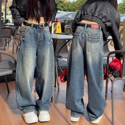 加绒加厚弯刀牛仔裤女秋冬季复古阔腿裤大码胖mm显瘦宽松直筒裤子