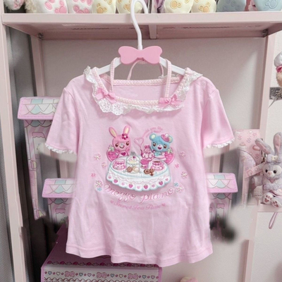 RichGirl日系mp印花童趣少软妹印花粉可爱甜美蕾丝短袖打底上衣