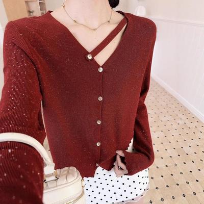 银线包芯纱v领针织衫女秋冬新款不规则内搭毛衣开衫设计感外套潮