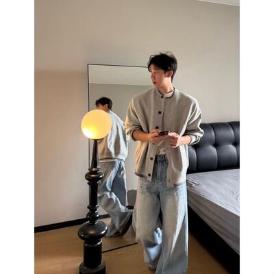 ALCF原创拼接轻奢老钱风男士明辑线圆领针织开衫休闲长袖毛衣秋