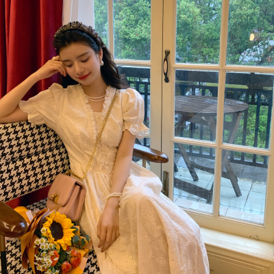 AM NANA法式温柔风蕾丝连衣裙女短袖收腰仙女裙气质甜美长裙子