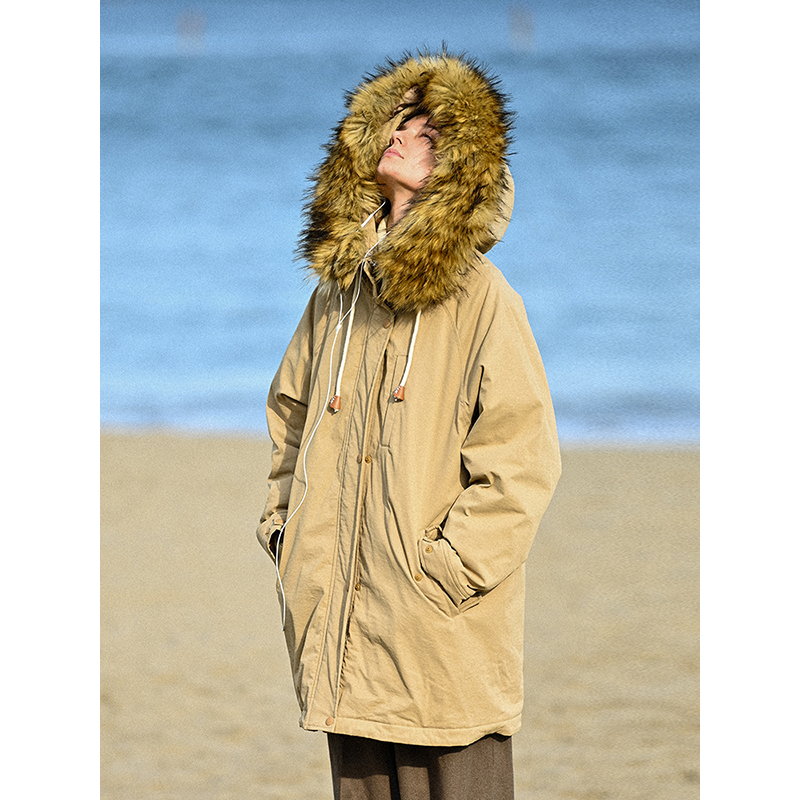UNRETRO 21FW大毛领派克棉服女中长款冬季小个子加厚连帽棉衣外套_虎窝淘