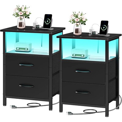 2-Piece LED Nightstand Set with Charging Station, Fabric Dra