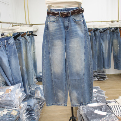 艾拿55113水洗做旧无弹牛仔弯刀裤2026年春季新款女装显瘦阔腿裤