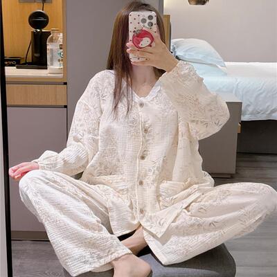 长袖V领开衫睡衣女春双层纱布棉甜美可爱家居服大码胖mm200斤套装