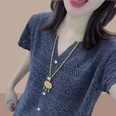 今年流行的欧货镂空钩花凉感冰丝针织衫上衣女短款显瘦短袖T恤潮