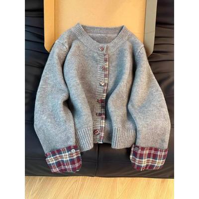 假两件韩系圆领拼接格子毛衣女2025秋冬新款针织外套洋气休闲开衫