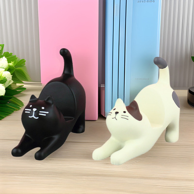 解压创意伸懒腰猫咪桌面手机支架黑色喵星人平板通用支架小摆件