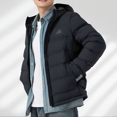 Adidas阿迪达斯男子短款防寒保暖连帽600蓬鸭绒休闲羽绒服IK3174