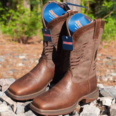 美国Durango牛皮棕色国旗刺绣真皮西部牛仔靴防滑骑马靴男工装靴