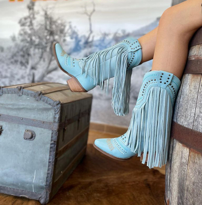 美国dingo牛皮编织刺绣粗高跟尖头复古流苏靴西部牛仔靴高筒靴女