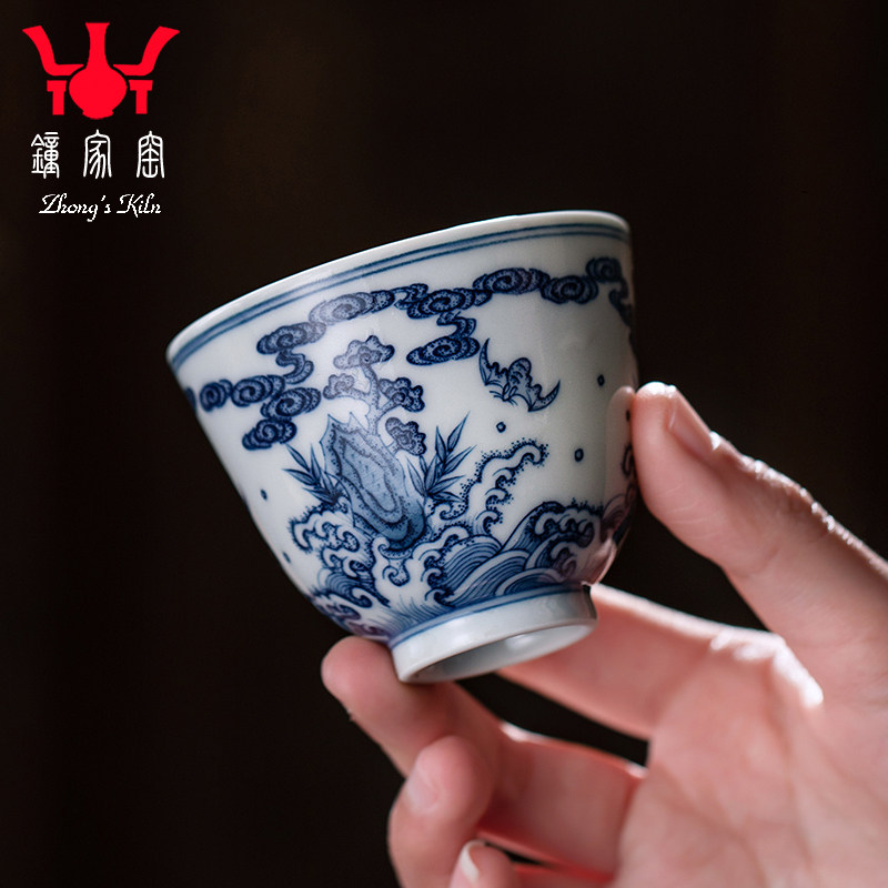 钟家窑收藏级手造瓷器仿古青花柴窑福山寿海主人杯陶瓷品茗杯单个
