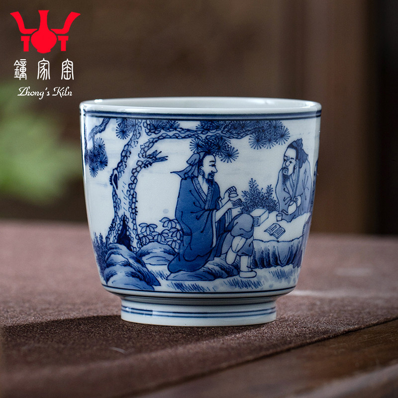 钟家窑手工陶瓷品茗杯青花陶渊明饮酒个人单杯手绘人物柴窑主人杯
