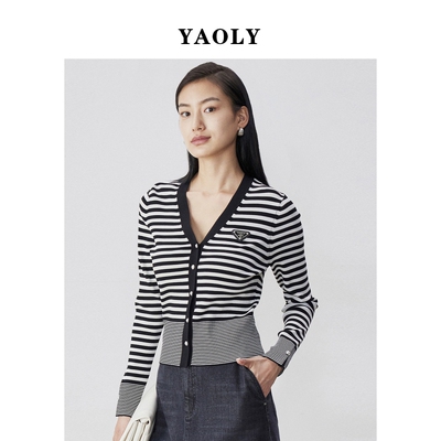 条纹V领针织开衫姚领YAOLY