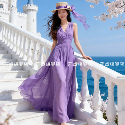 V领紫色无袖薄纱连衣裙女夏海边