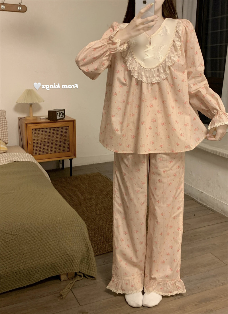 200斤春夏大码女装胖mm外穿蕾丝花边睡衣甜美复古家居服两件套装
