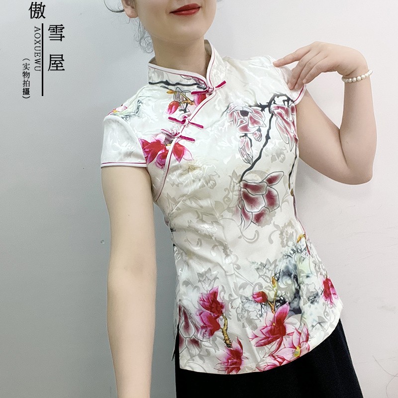 傲雪屋原创旗袍上衣夏季中国风旗袍短袖上衣莫奈花园风自然系穿搭