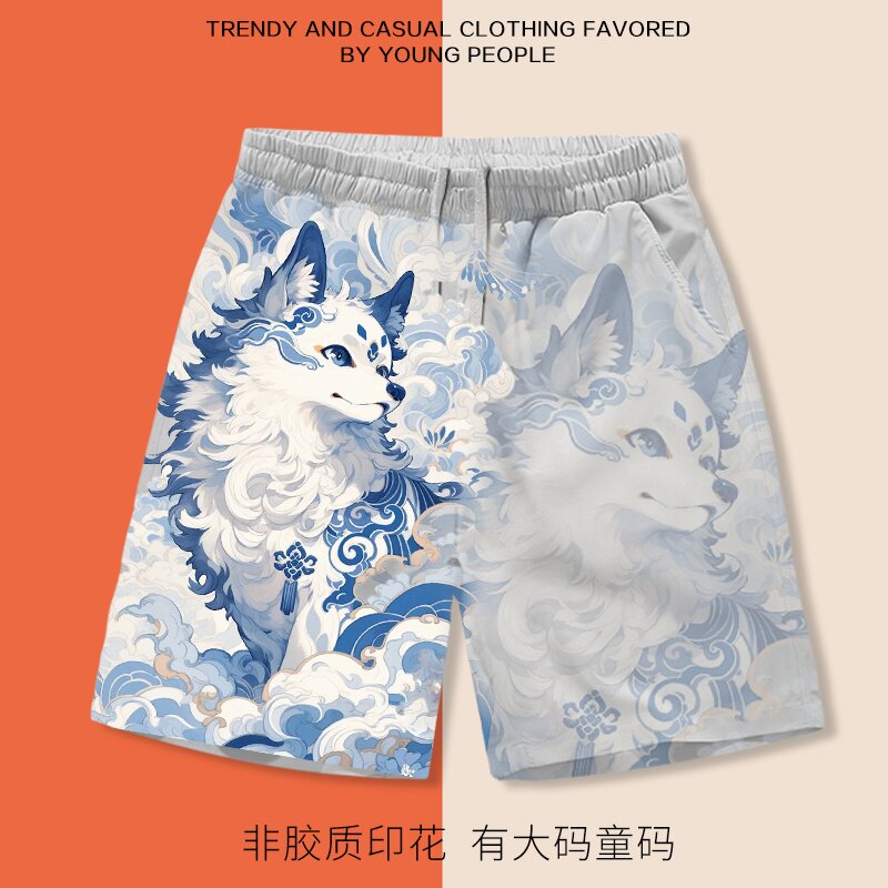 山海经狐狸国潮直筒五分裤男女沙滩裤短裤男夏季宽松有大码童码