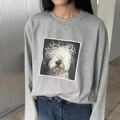 小狗印花宽松T恤女圆领长袖上衣