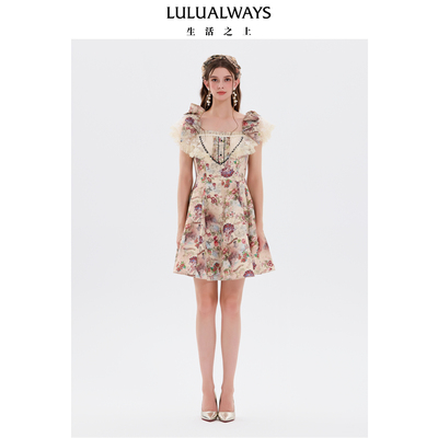 LULUALWAYS我爱露露25秋季新款洛丽塔甜美复古华丽方领蕾丝连衣裙