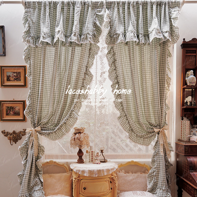 治愈系家居法式复古风格子蕾丝荷叶边棉麻双层窗帘窗幔遮挡帘子