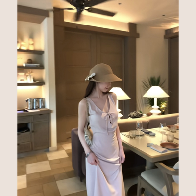 64人丝斜裁绑带度假连衣裙