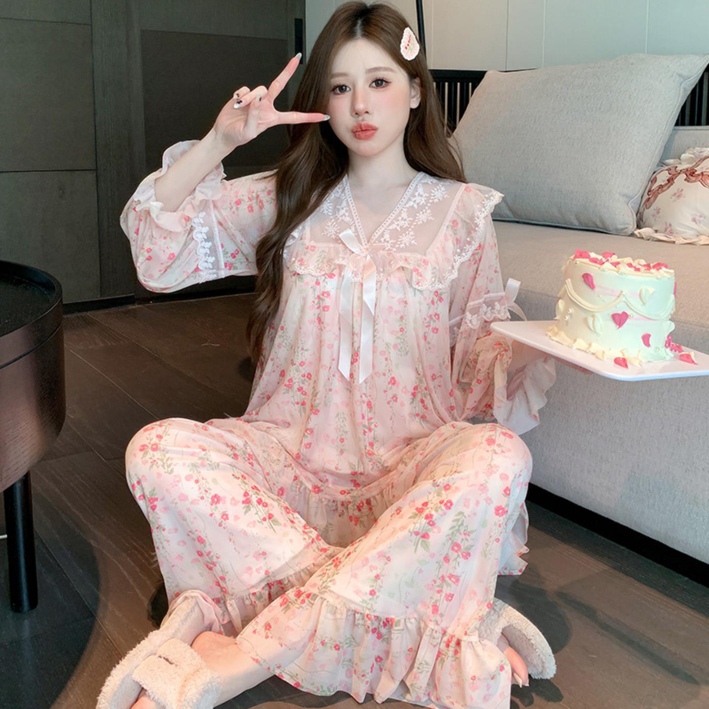 春秋新款印色蕾丝花边甜美宽松公主风网纱睡衣套装家居服