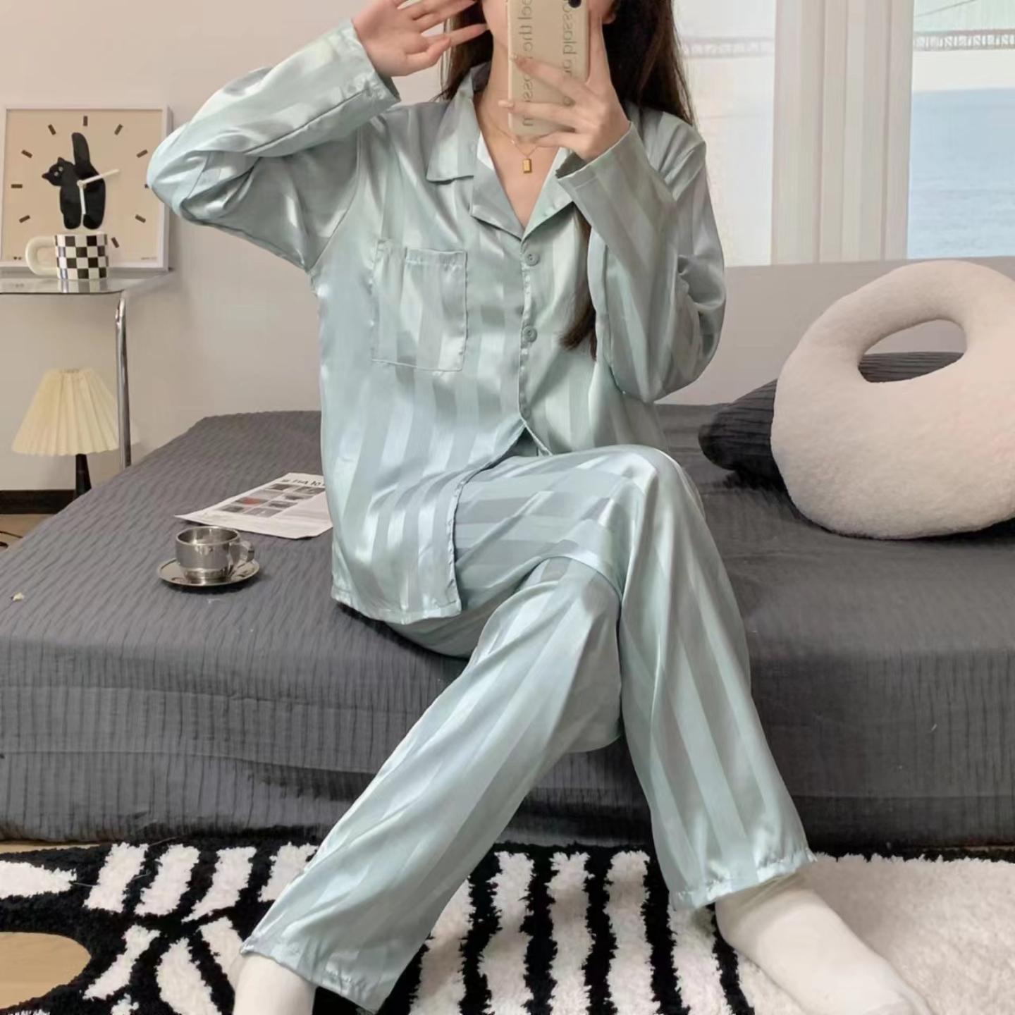 睡衣女士春秋款提花竖条高级感仿真丝可外穿家居服套装工厂