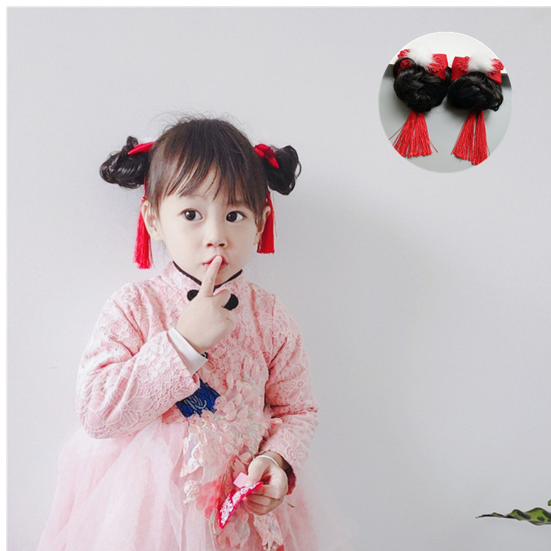 婴幼儿假发头饰品宝宝蝴蝶结女童卷发新年春唐装汉服配饰造型夹子