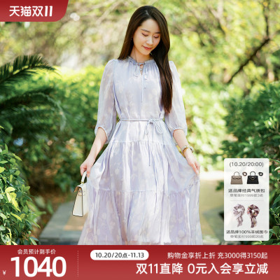 歌蒂诗夏新款简约碎花小清新100%桑蚕丝连衣裙女 3F21L1619