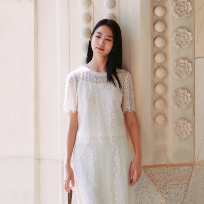 歌蒂诗2025夏季专柜新款优雅气质蕾丝两件套短袖套头 衫8F23S1162