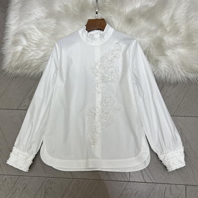 LC-好看时尚串珠刺绣宽松立领日常通勤百搭衬衣衬衫A9812