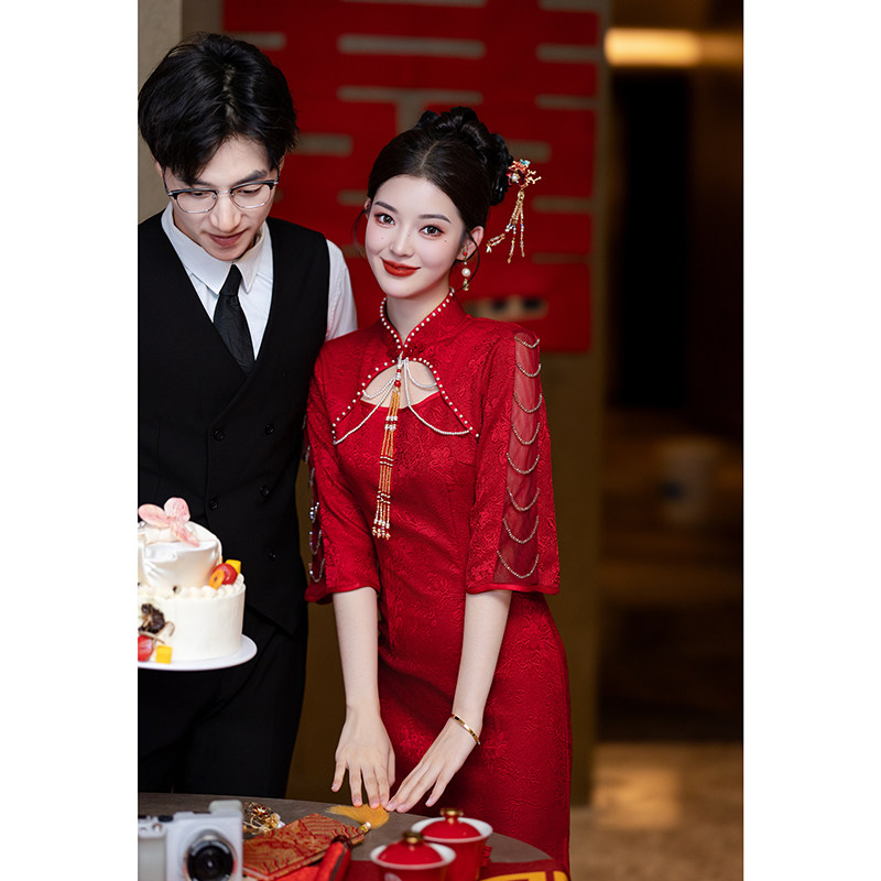 速发重工红色旗袍娘酒服订敬新婚礼服裙中式结婚便装秋冬季长袖高