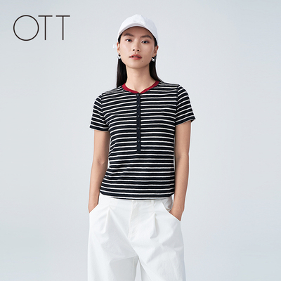 OTT撞色条纹亨利领显瘦T恤女