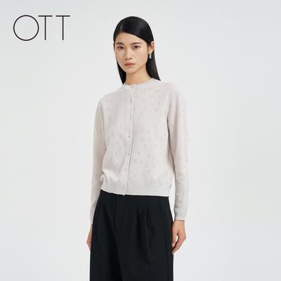OTT【商场同款】夏新品几何提花经典小圆领直身休闲长袖开衫女装