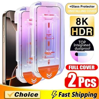 2Pcs Dust Free Easy Installation Screen Protector For iPhone 15 14 13 16 Pro Max Mini Plus HD Glass