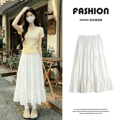 蕾丝白色半身裙春秋新款2026蛋糕高腰法式显瘦夏季小个子蓬蓬长裙